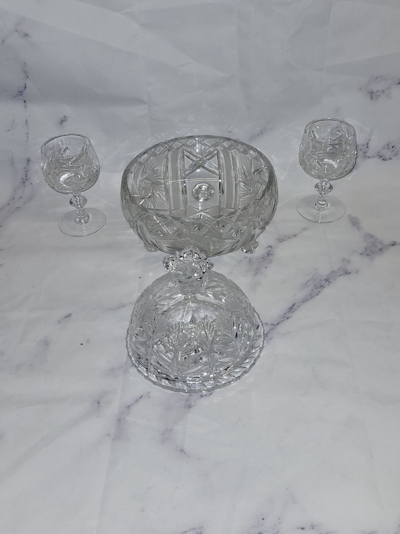 Pinwheel Crystal Footed Bowl, 8" + Crystal Butter Dish + 2 Crystal Glasses