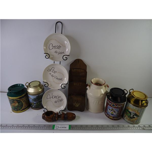 Set Of 3 Plates With Stand Vintage Wall Mount Letter Rack And 5 Cream Can Containers And Nut