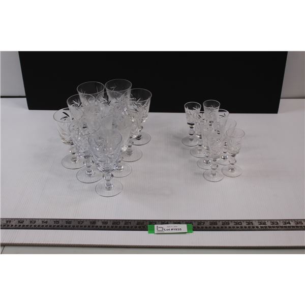 11 Crystal Wine Glasses And 8 Crystal Liqueur Glasses One Has Small