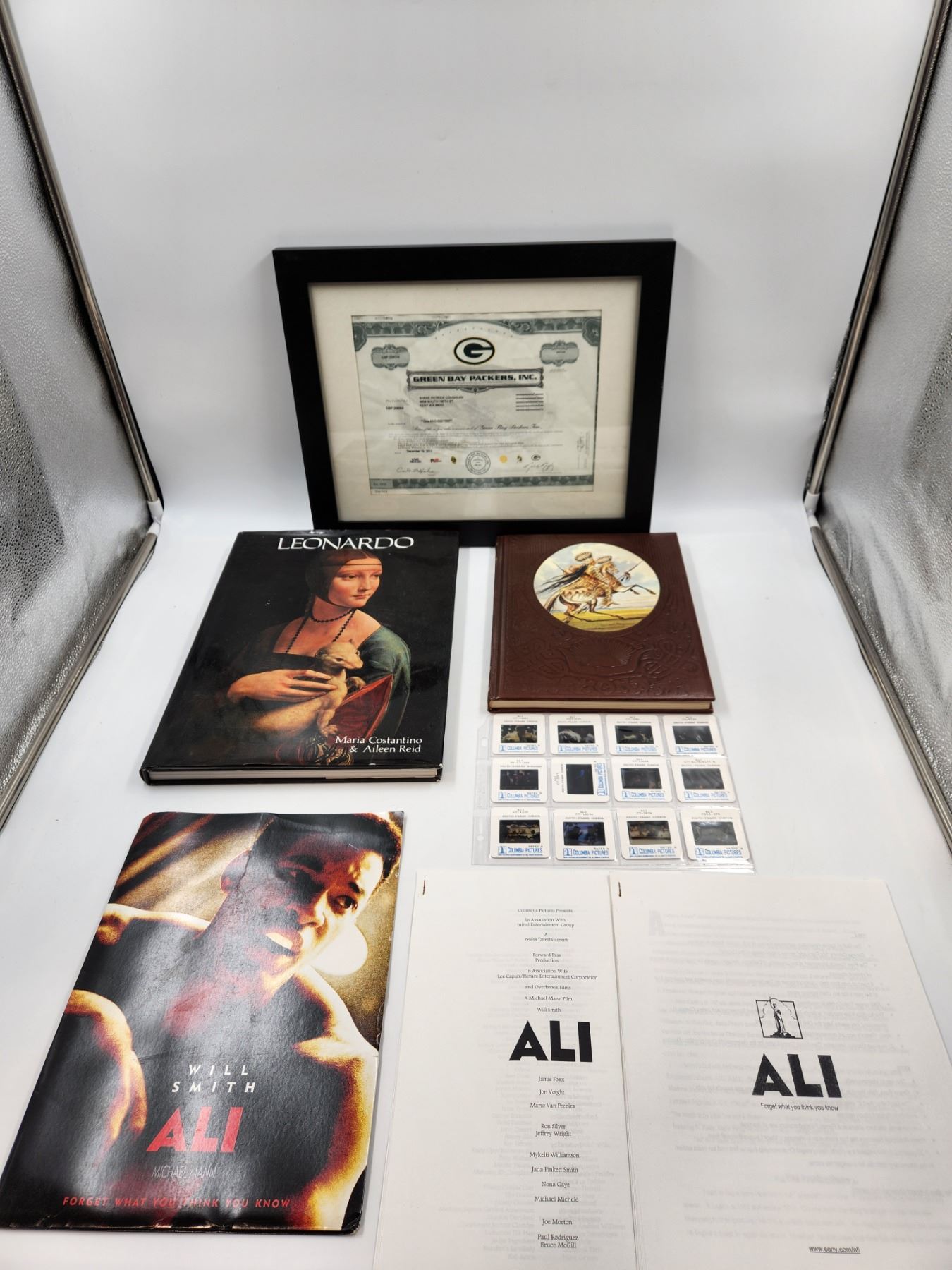 Green Bay Packers Stock Certificate, Ali Script & 2 Books
