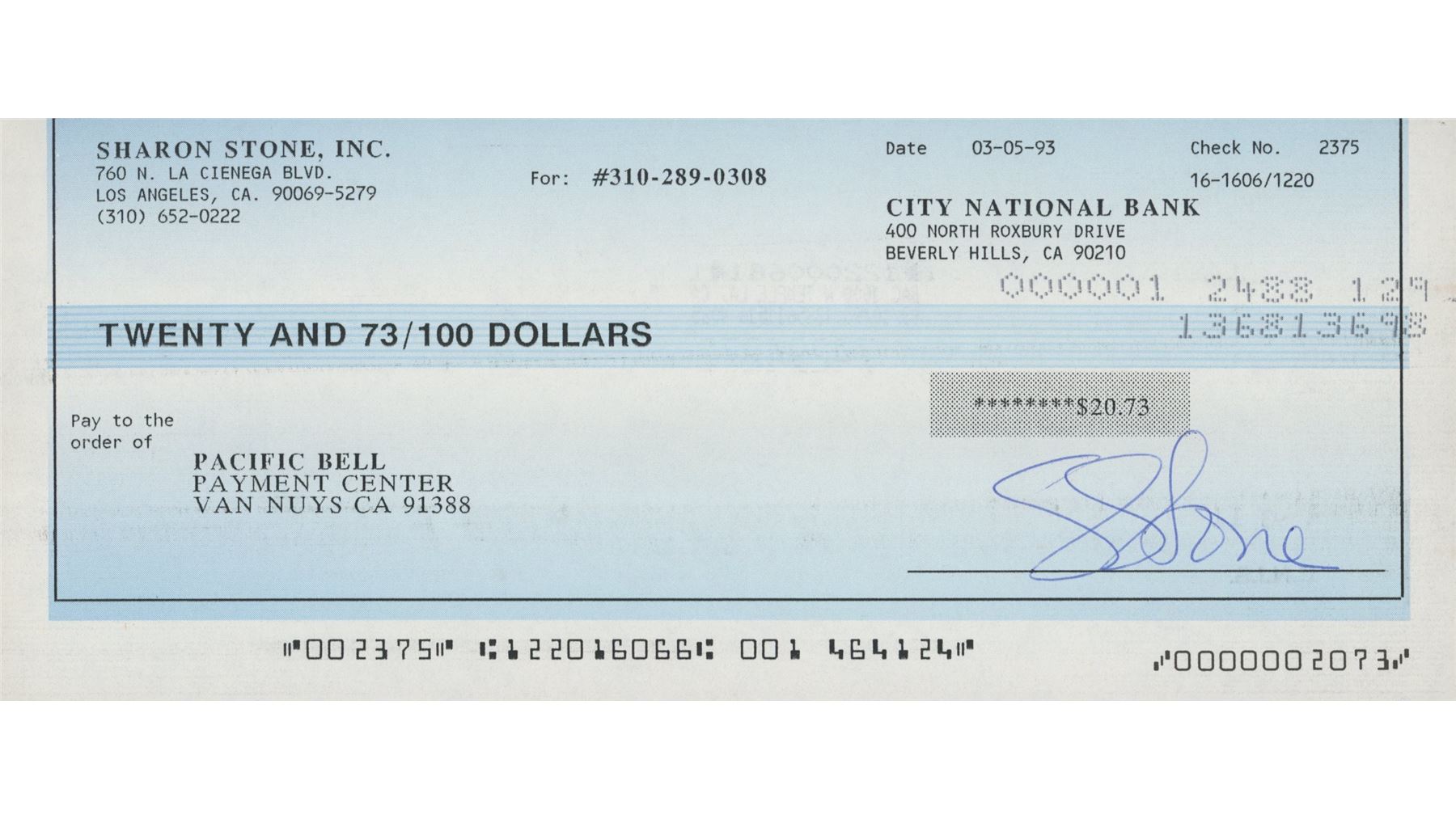 Sharon Stone signed check