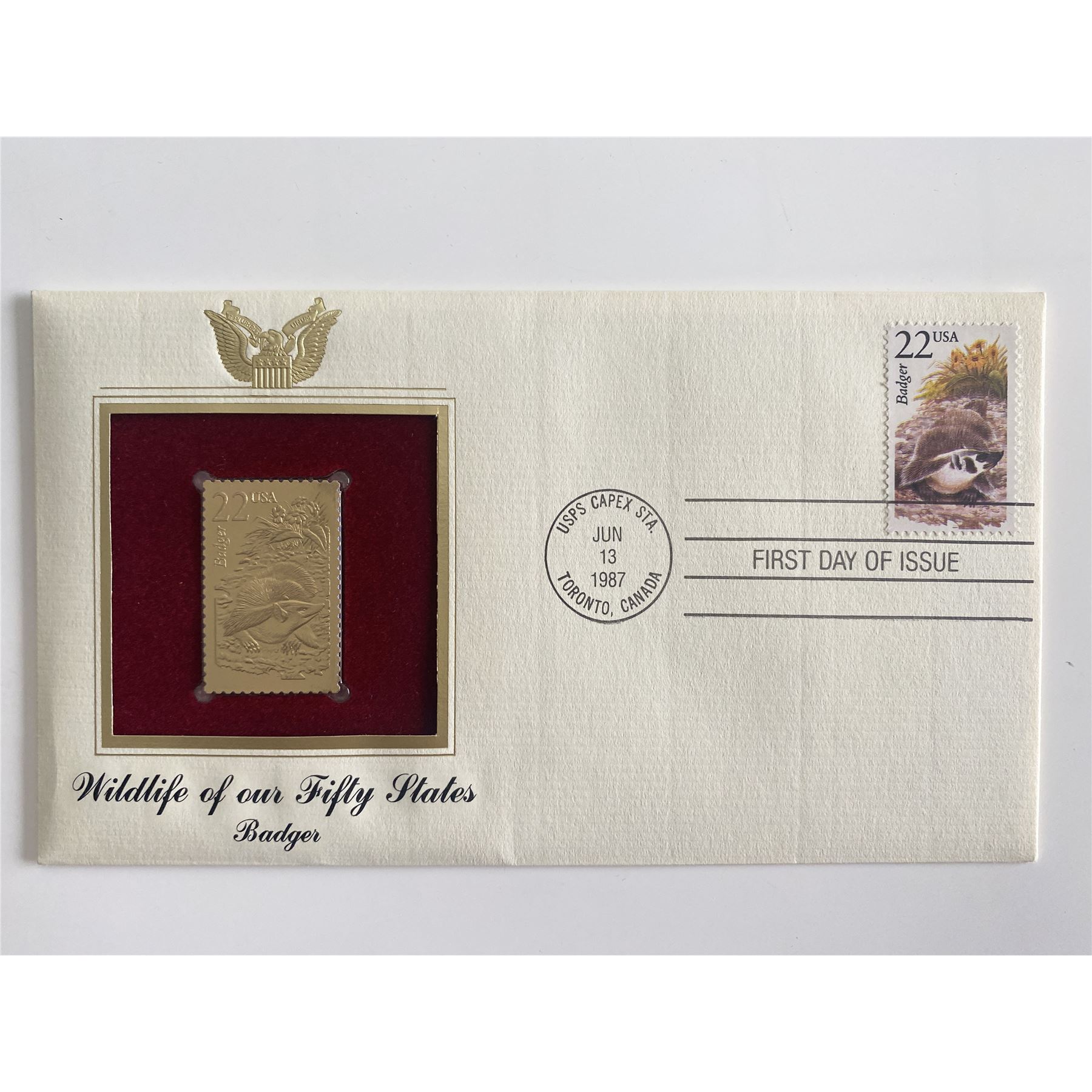 Wildlife of Our Fifty States Badger Gold Stamp Replica First Day Cover
