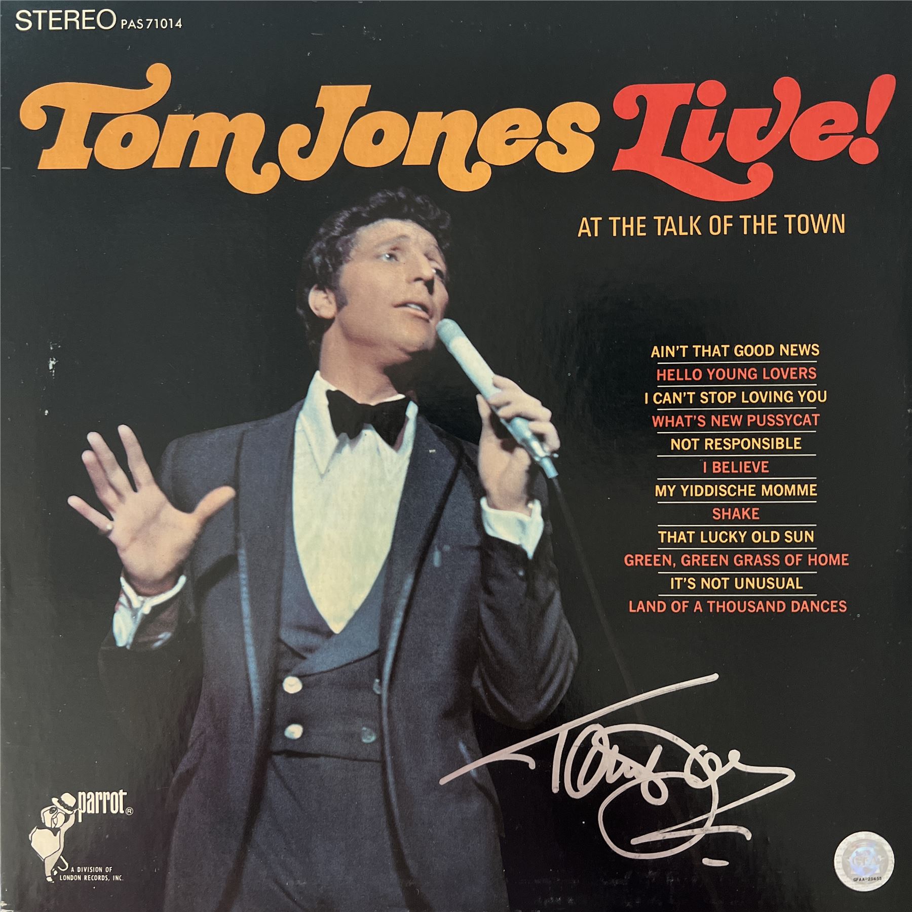 Tom Jones signed "Live! At the Talk of the Town" album