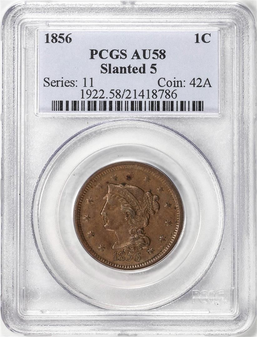 1856 Slanted 5 Coronet Head Large Cent Coin PCGS AU58