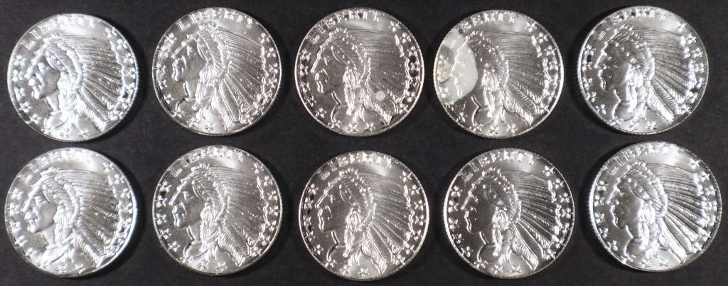 (10) 1/10 OZ .999 SILVER INDIAN DESIGN ROUNDS