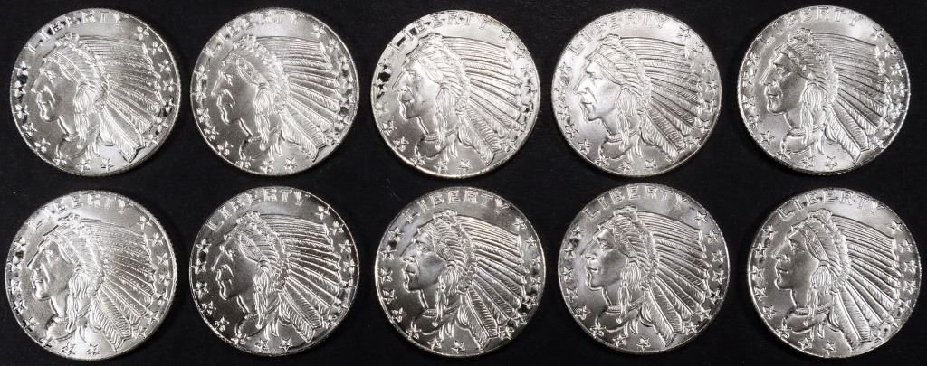 (10) 1/10 OZ .999 SILVER INDIAN DESIGN ROUNDS