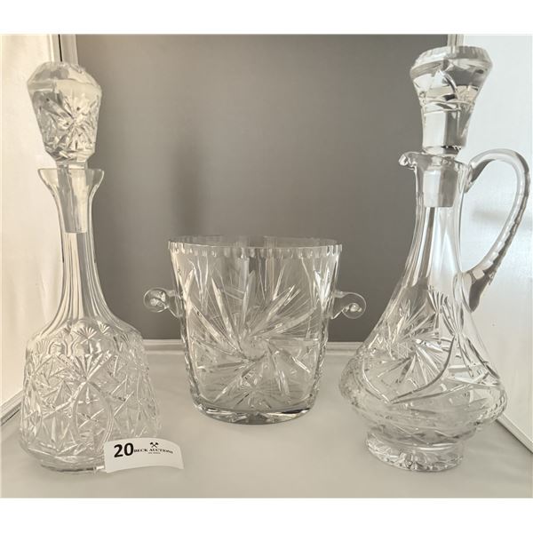 Vintage Pinwheel Crystal Ice Bucket And 2 Crystal Wine Decanters Beck