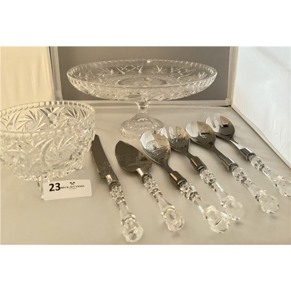 Vintage Pinwheel Crystal Cake Holder Crystal Bowl Knife Server