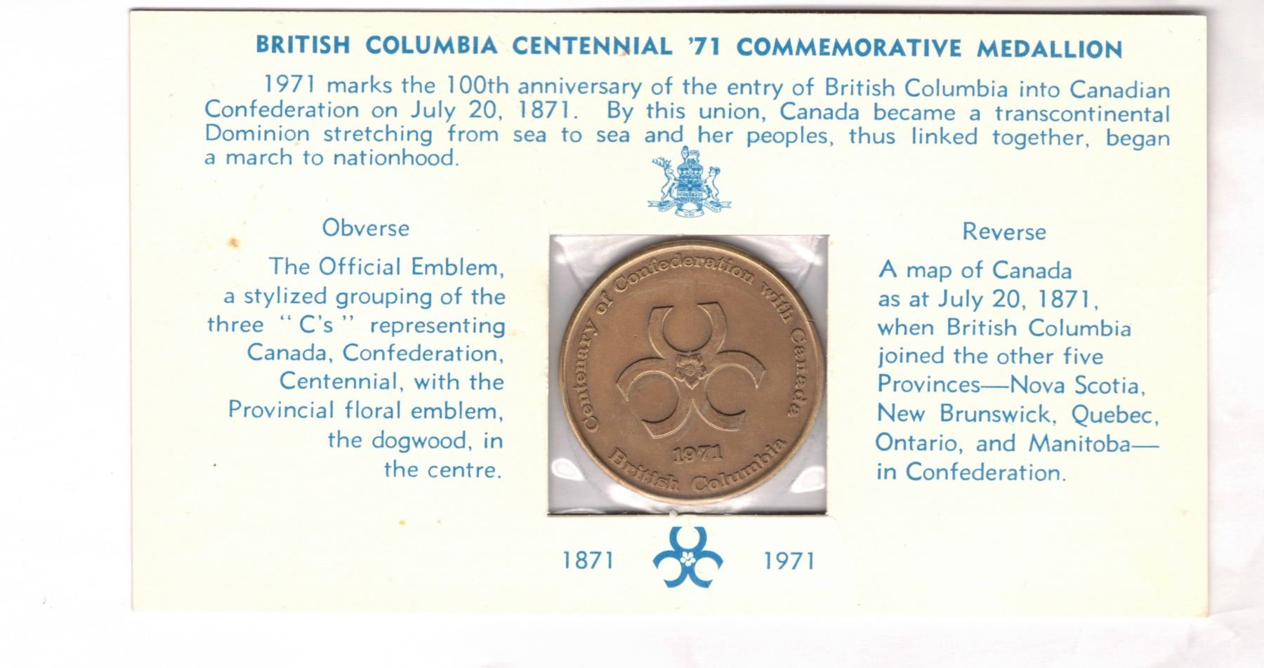 British Columbia CANADA 1971 BC Centennial Commemorative Medal with ...