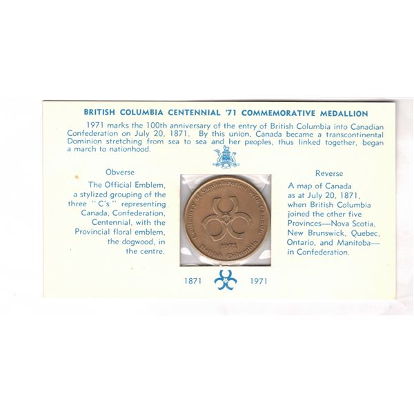 British Columbia CANADA 1971 BC Centennial Commemorative Medal with ...