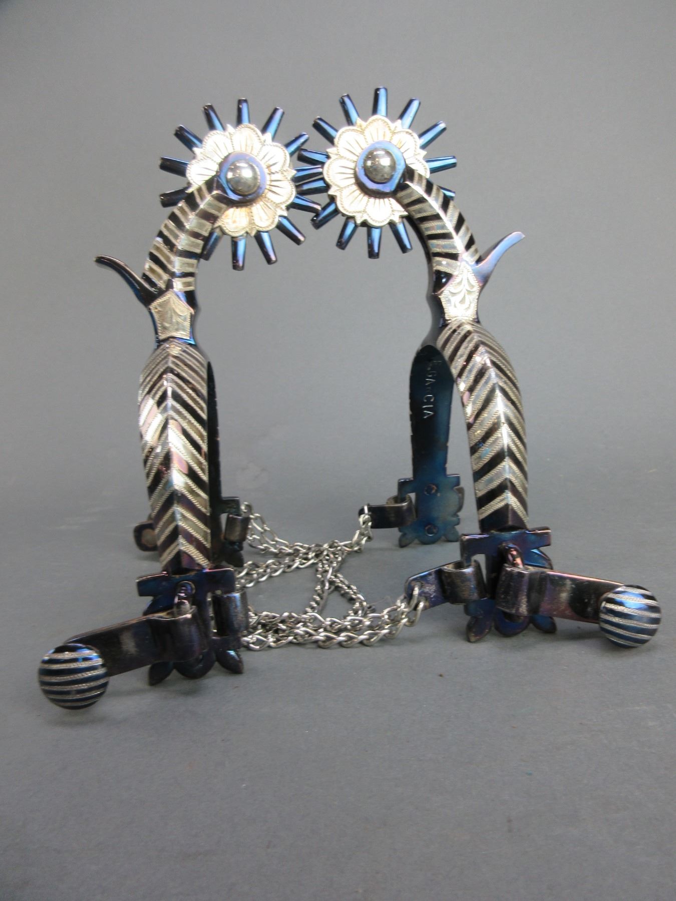 Marked E Garcia Silver Inlaid Chevron Spurs- .75" Bands- 2.25" Drop ...