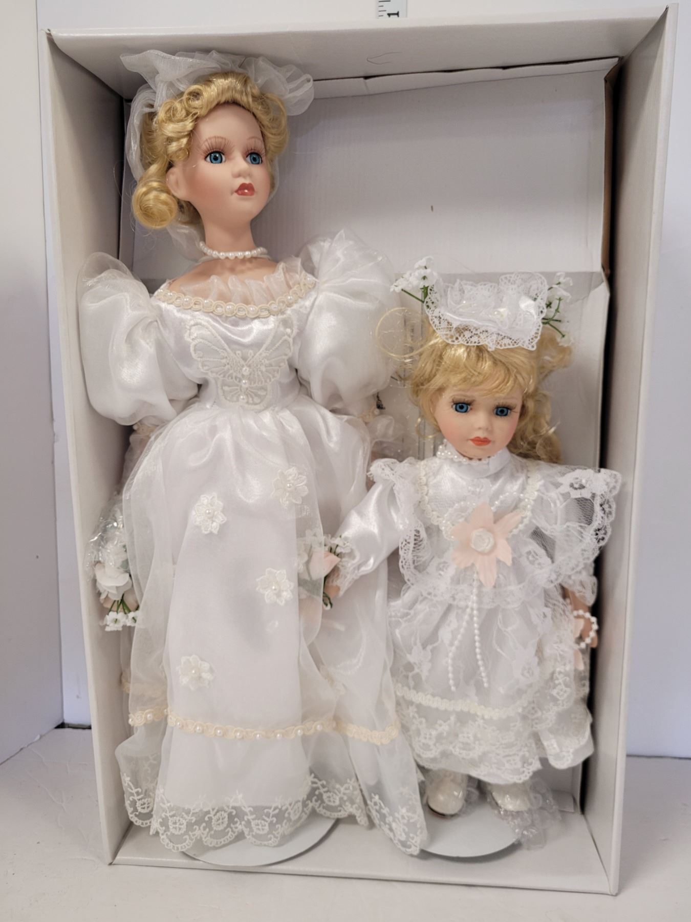 New In Box Century Collection Porcelain Bride & Sister Dolls w/ Stands