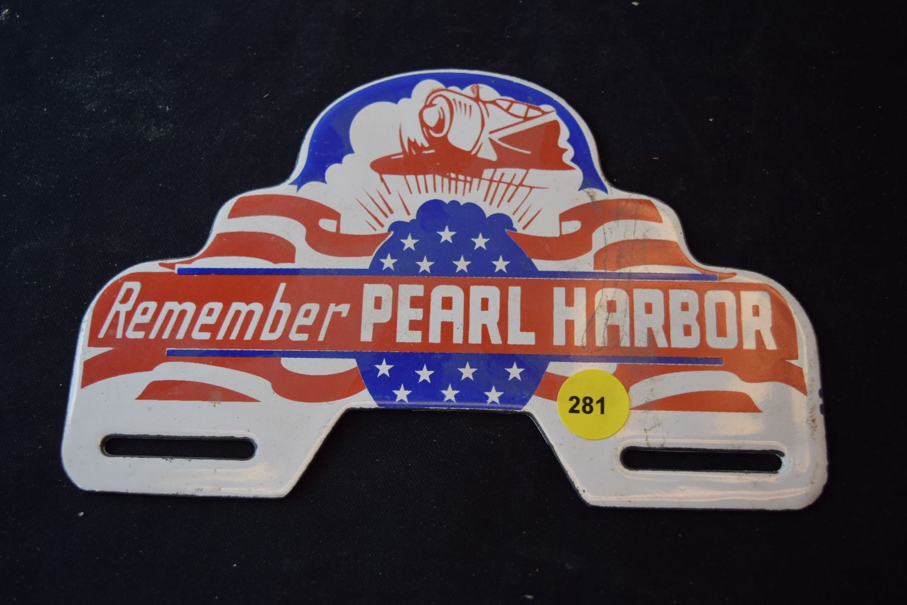 Porcelain steel pearl harbor license plate topper (likely reproduction)