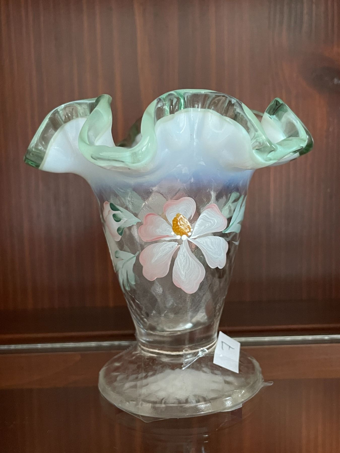 Beautiful, vintage, Fenton, opaline, ruffle edged, hand painted, vase ...