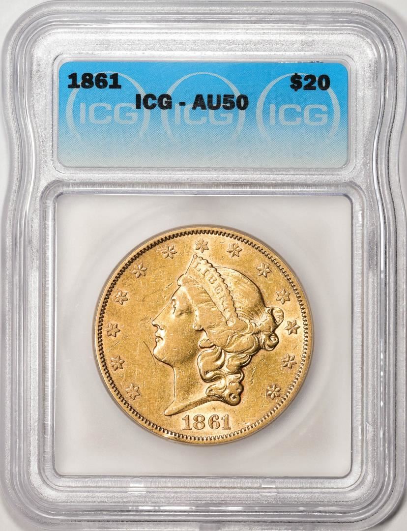 1861 $20 Liberty Head Double Eagle Gold Coin ICG AU50 - BK Auctions