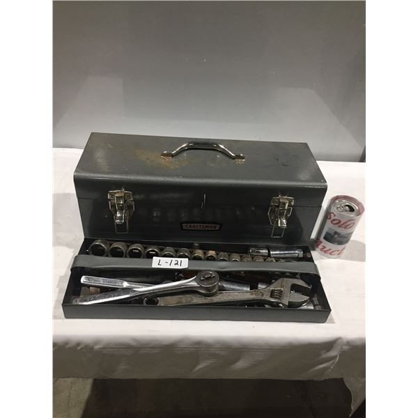 Metal Craftsman tool box with assortment of hand tools, wrenches ...