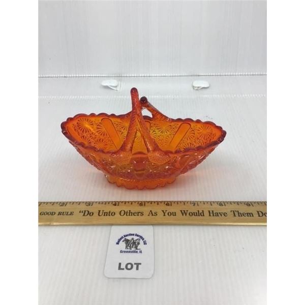 VINTAGE AMBERINA GLASS BASKET CANDY DISH