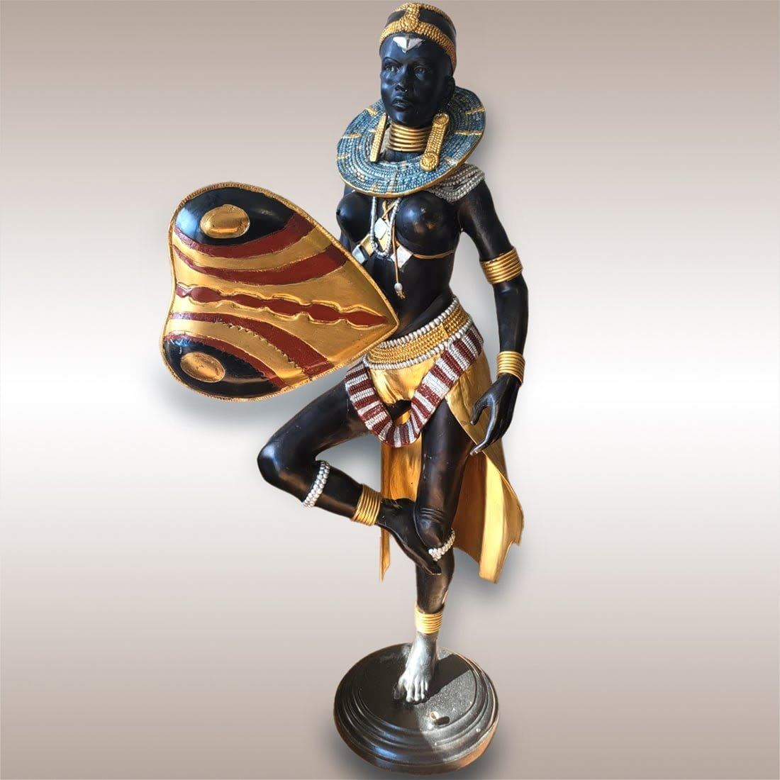 Large Standing African Woman With Heart Shield Bronze Statue
