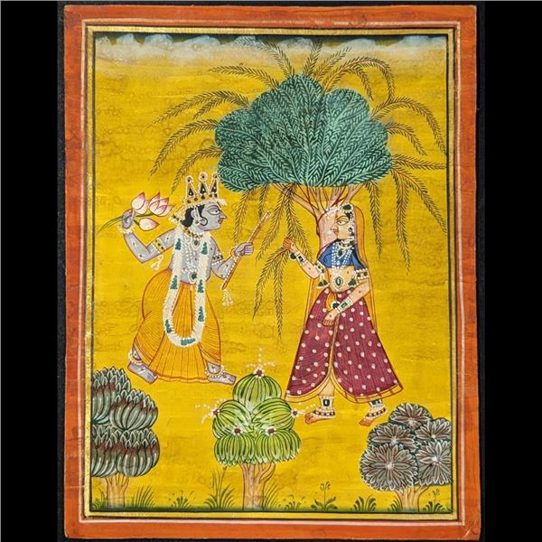 Indian Pahari School Miniature Painting Of Krishna And Radha