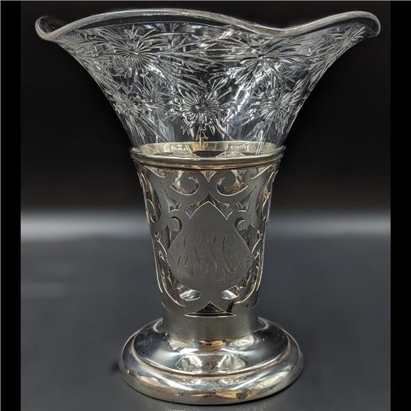 An ABP Polished Engraved Crystal Vase in A Marked Sterling Silver Base
