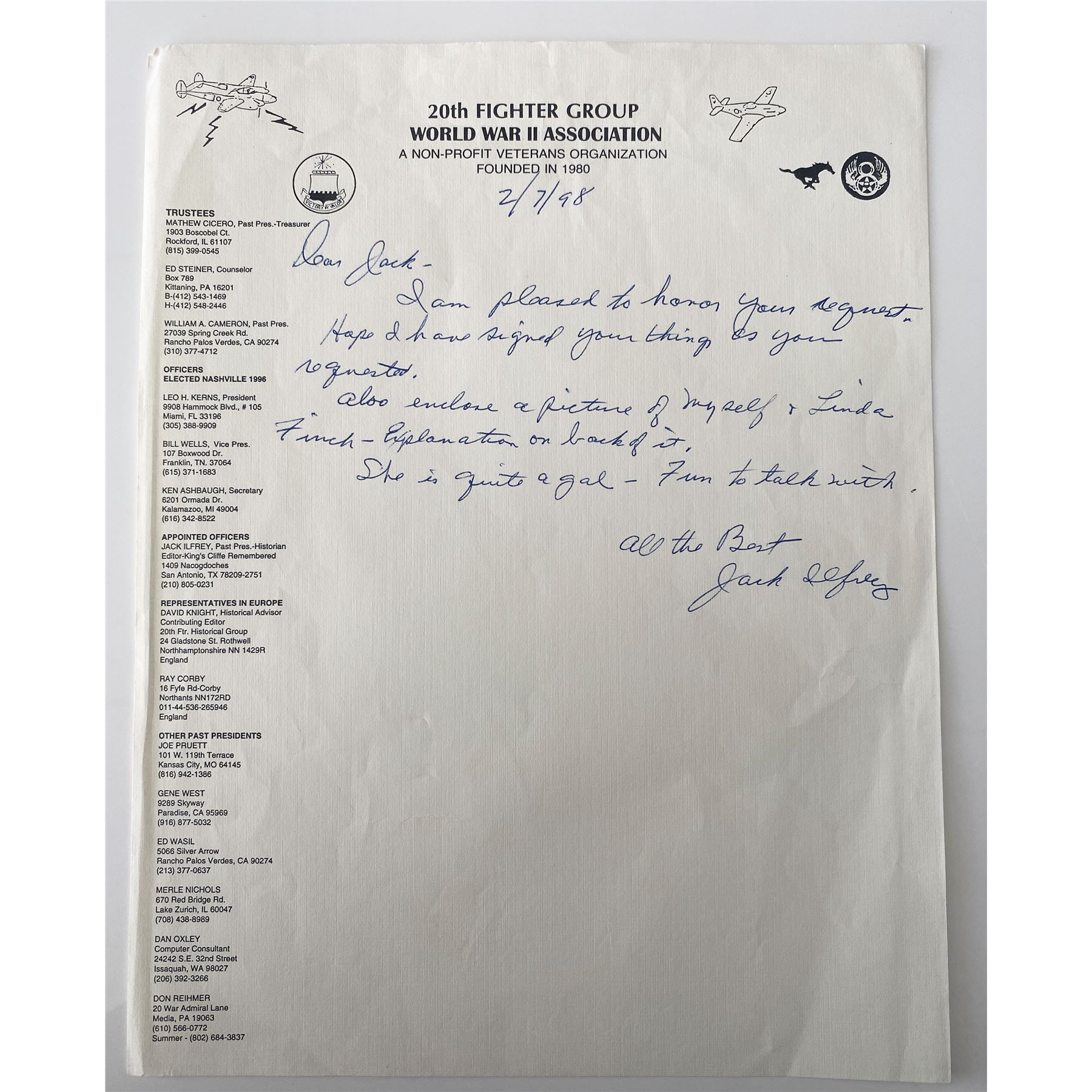 WWII 20th Fighter Group Jack M. Ilfrey signed sheet