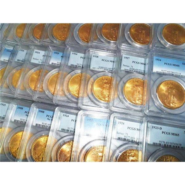 Five (5) $20 Saint Gaudens Gold PCGS MS65