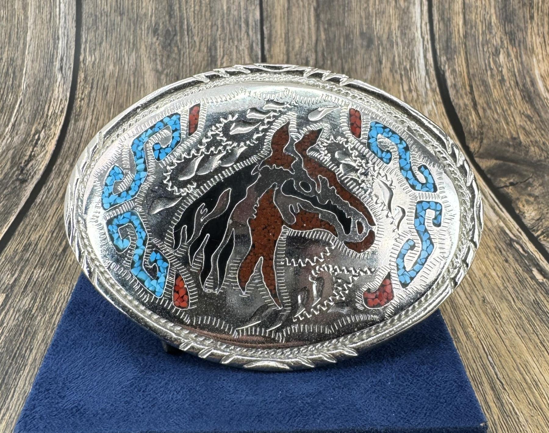 Turquoise and Coral Inlaid Horse Belt Buckle