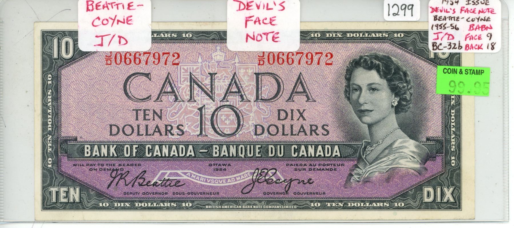 1954 Canadian "Devil's face" 10 dollar bill - Beattie/Coyne - J/D 0667972