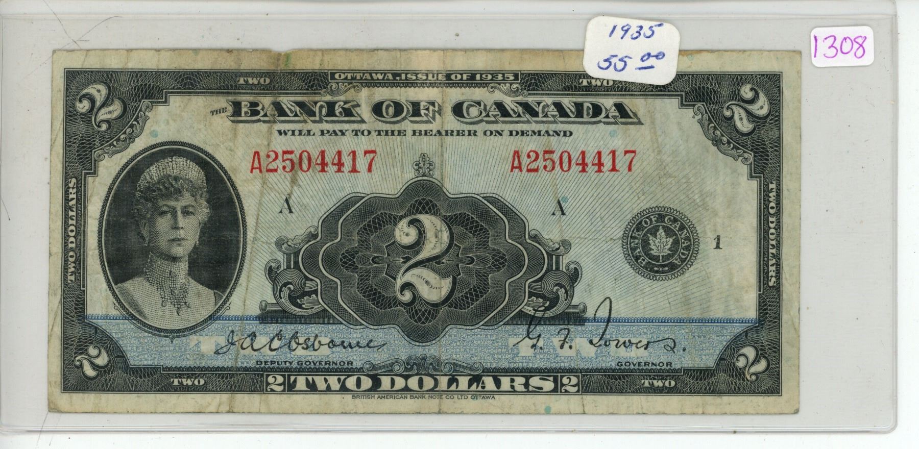 1935 Queen Victoria, Bank of Canada 2 dollar bill - Osborne/Towers - A2504417 - Schmalz Auctions