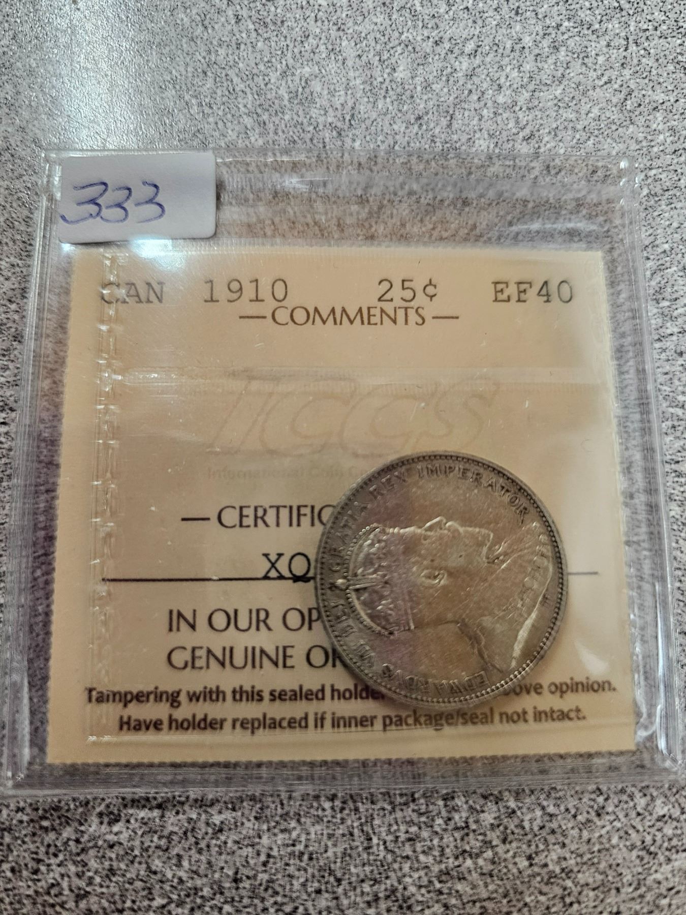 1910 ICCS Graded EF-40 twenty five cents 25¢