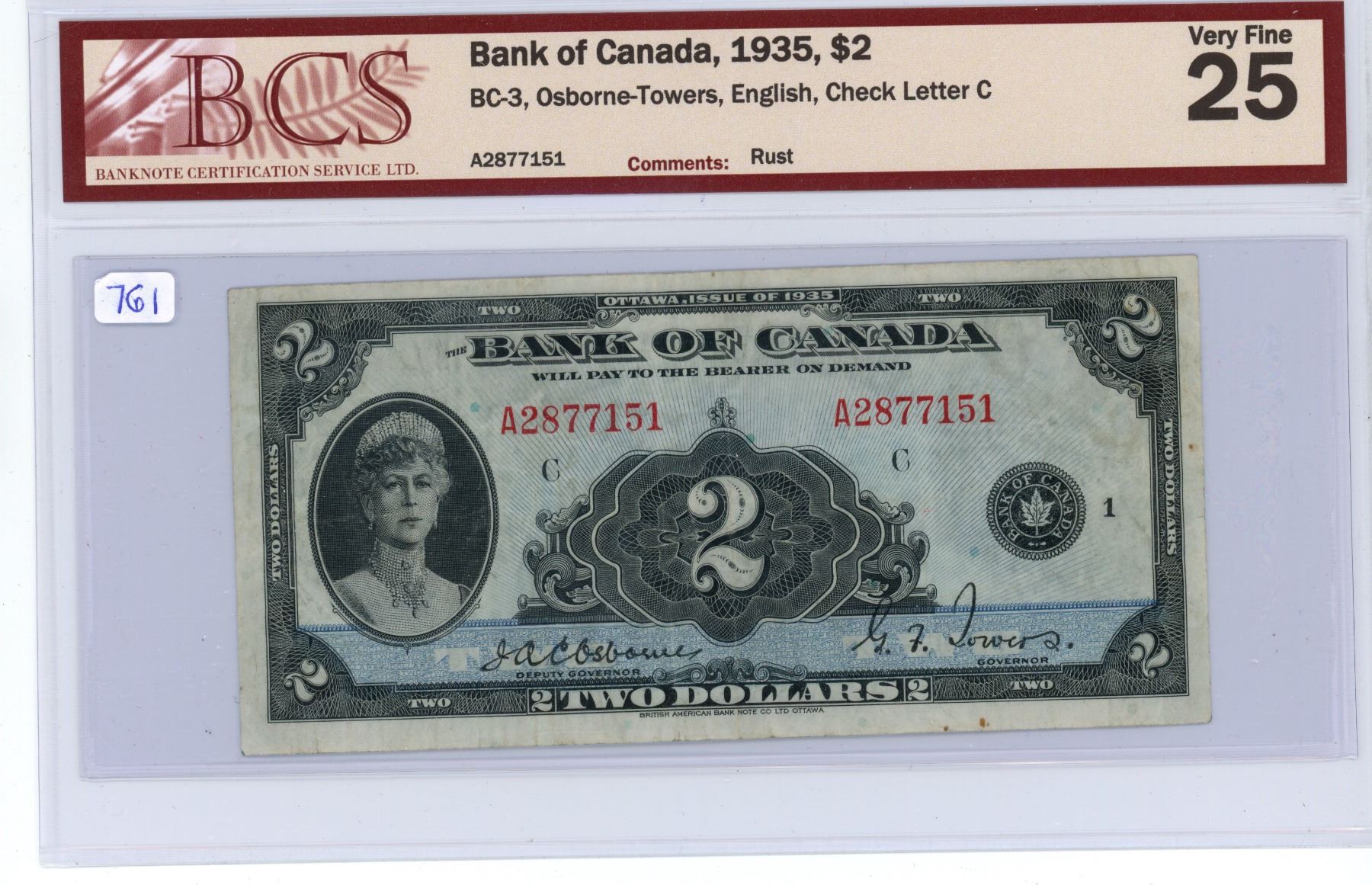 1935 Bank of Canada $2, Osbourne/Towers, BCS Very Fine 25 (#A 2877151)