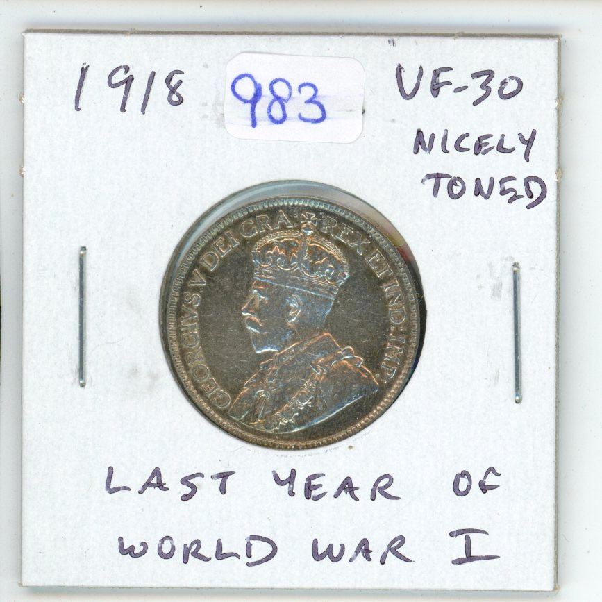 1918 Canadian Silver 25 Cents. Last year of World War I. VF-30. Nicely Toned. - Schmalz Auctions