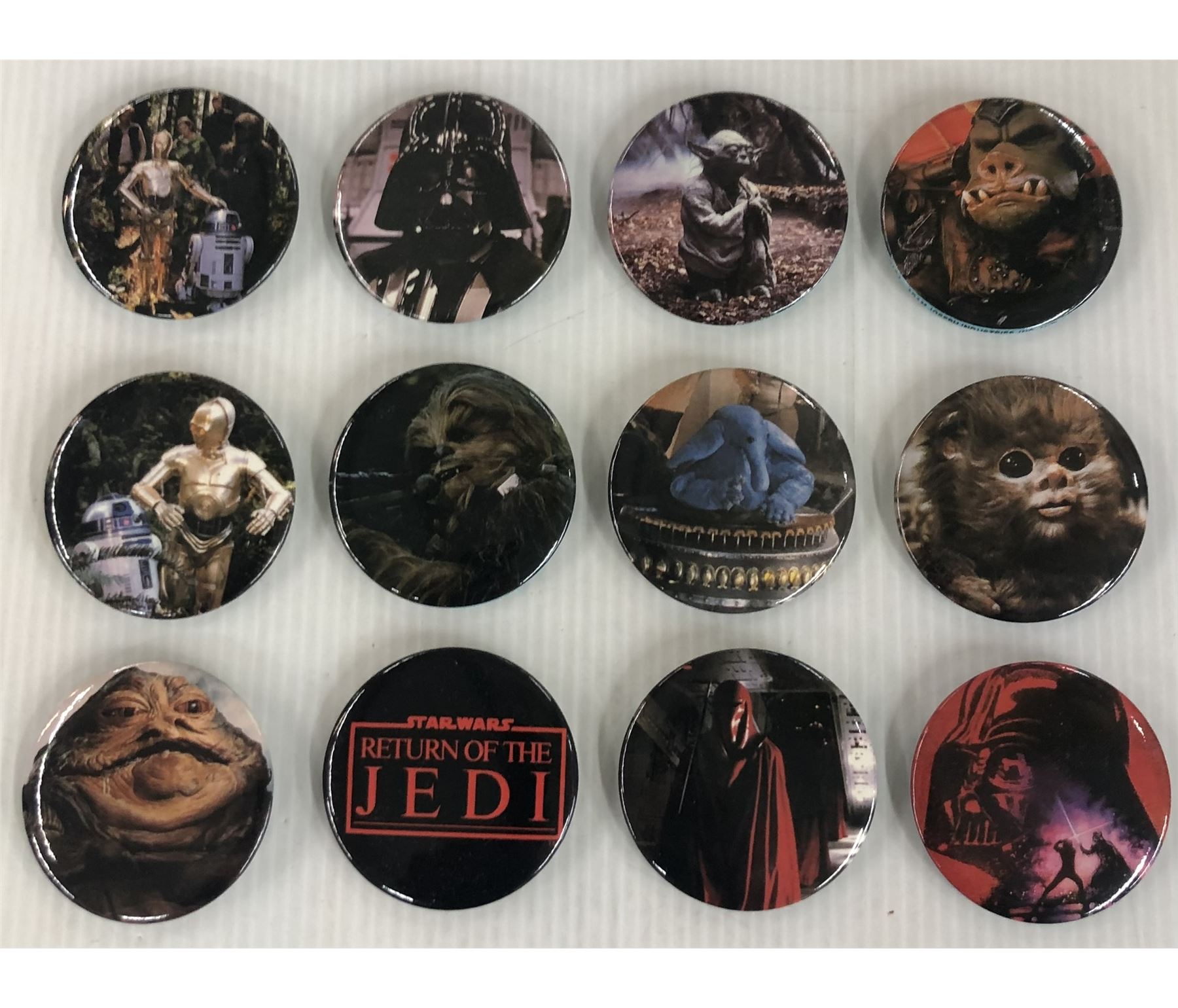 Complete Set of 12 Return of The Jedi Buttons, Star Wars 1983