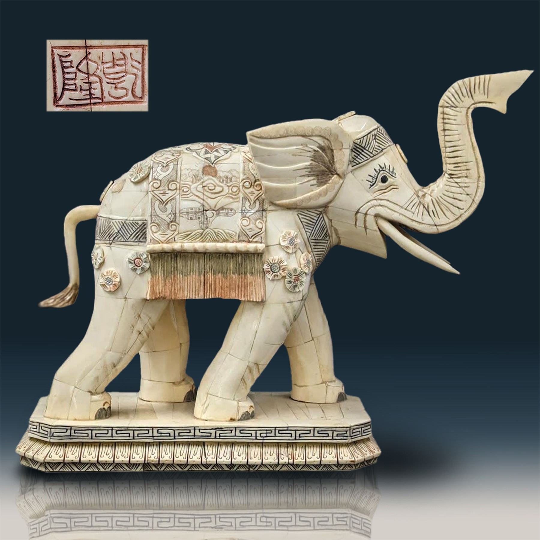 Large Antique Finely Carved Chinese Elephant Sculpture With Seal Mark