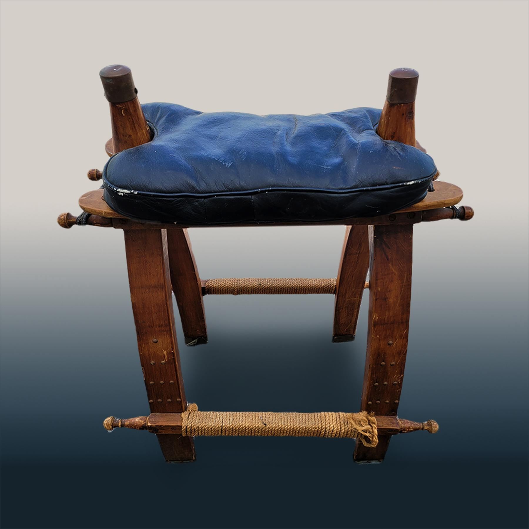 Middle Eastern Camel Saddle Bar Stool With Custom Black Leather Cushion