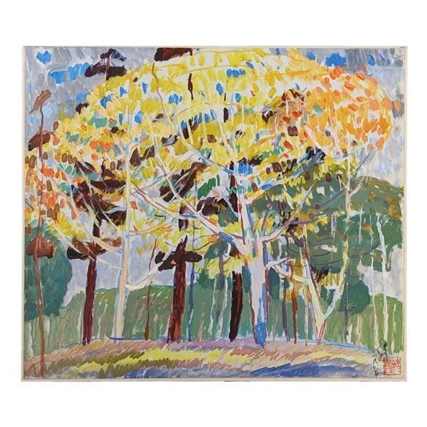 Yang Tie Born 1935 Chinese Artist Acrylic Landscape Painting Signed With Seal Mark