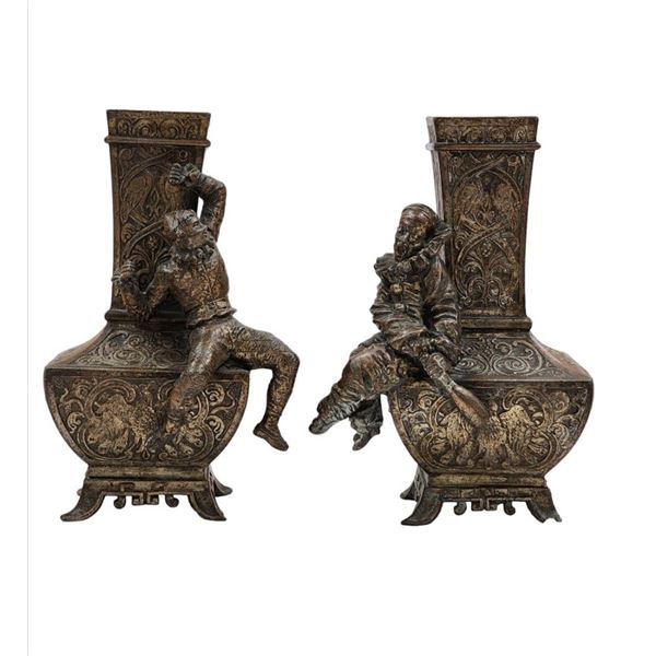 A Pair Of European Spelter Vases Decorated With Eagles & Drinking Jesters