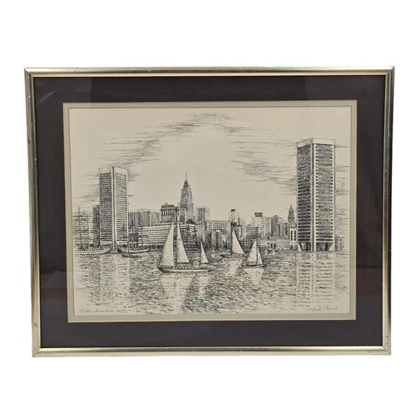 American Baltimore-Martin Barry 1927-1999 Etching "Baltimore Harbor"