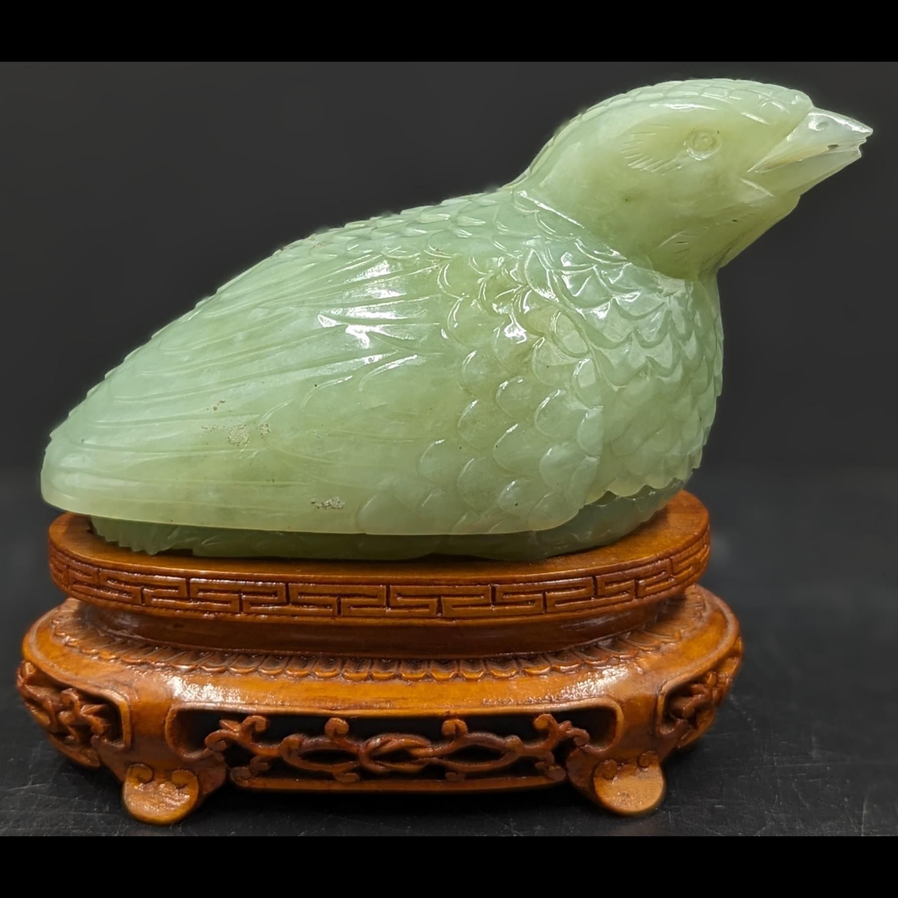 Finely Carved Chinese Jade Bird Trinket Box With Wooden Stand