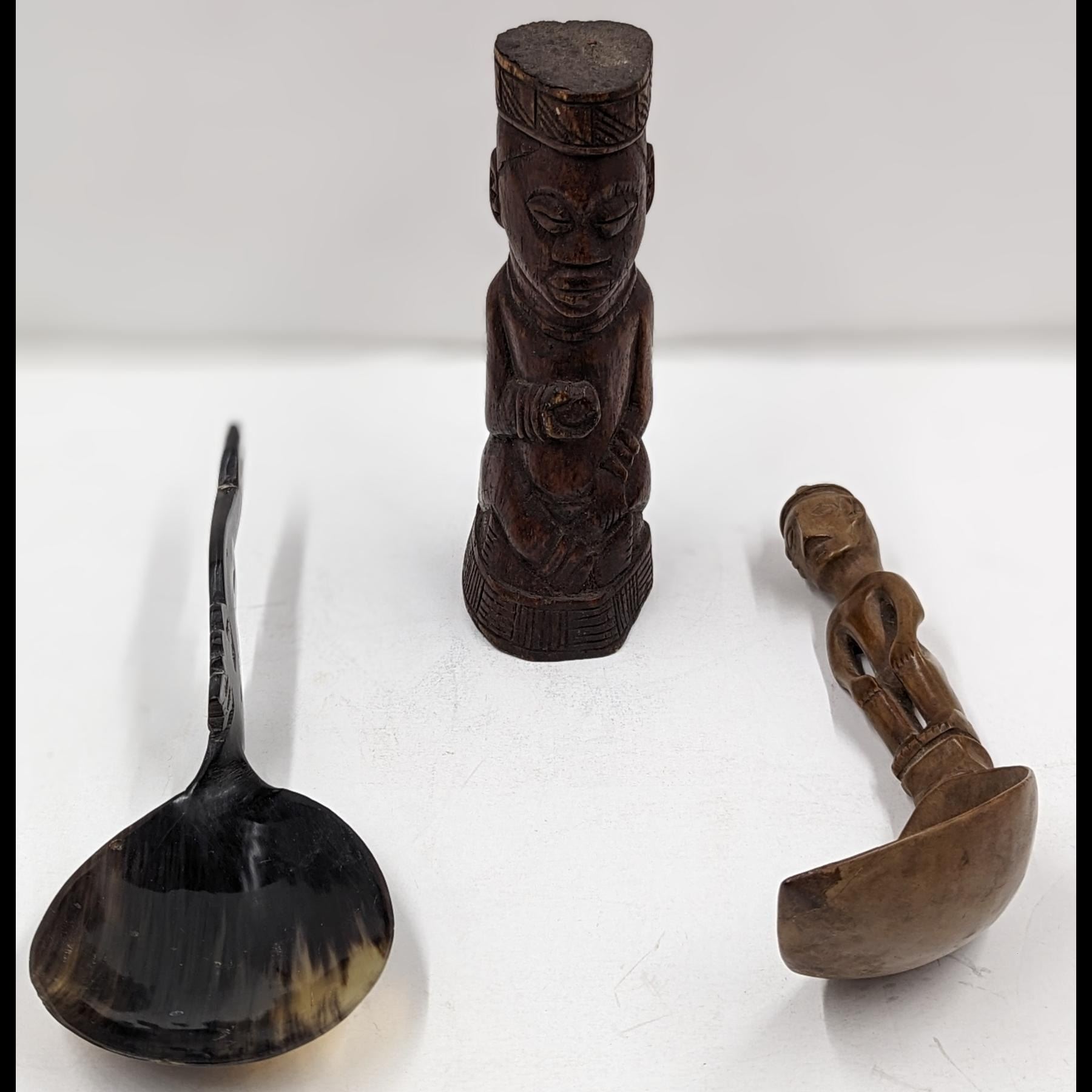 Lot Of 3 African Carvings, One Bone Sculpture, One Carved Horn Spoon ...