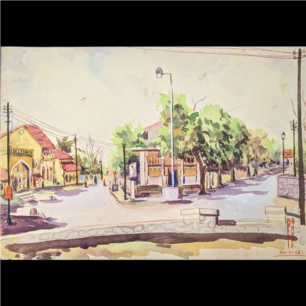 Signed And Dated Indian P. Anand Watercolor On Paper Scenic Painting, 1958