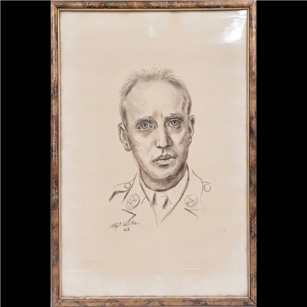 1943 Charcoal Portrait Drawing Of American WW2 Infantry Veteran