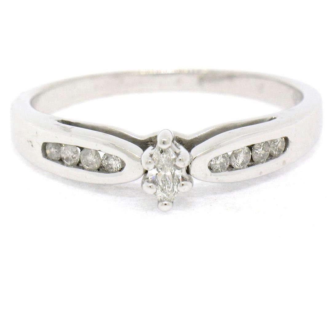 Petite 10k White Gold Marquise Diamond Solitaire Ring w/ Round Channel ...