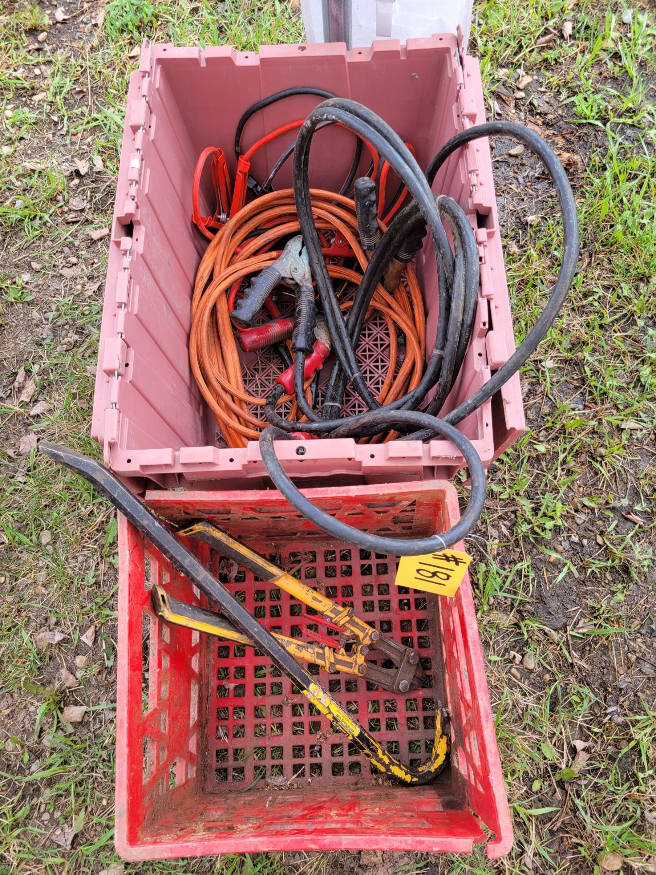 Booster cables, crow bar, bolt cutters