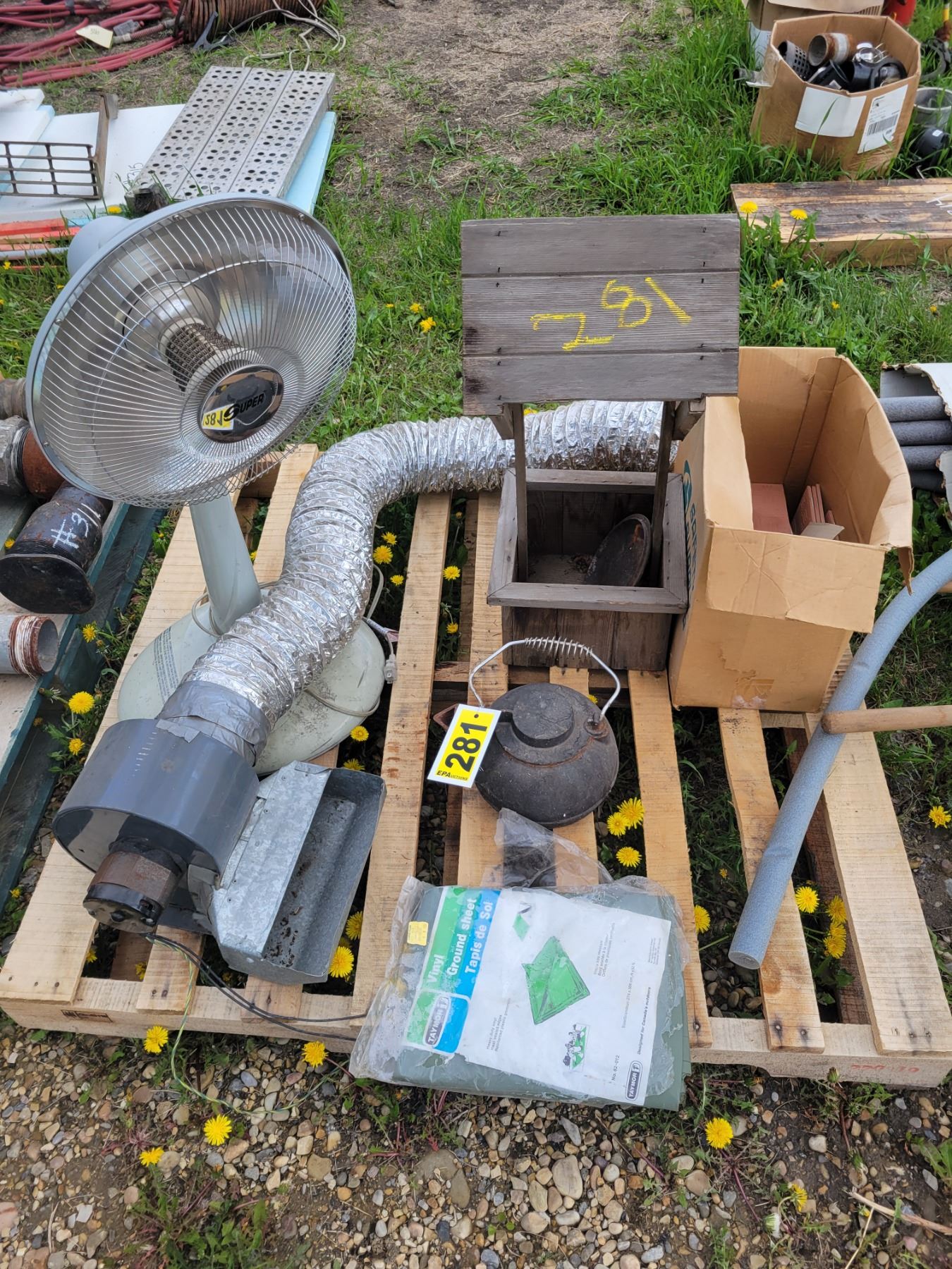 Fan, pot, tarp, tiles