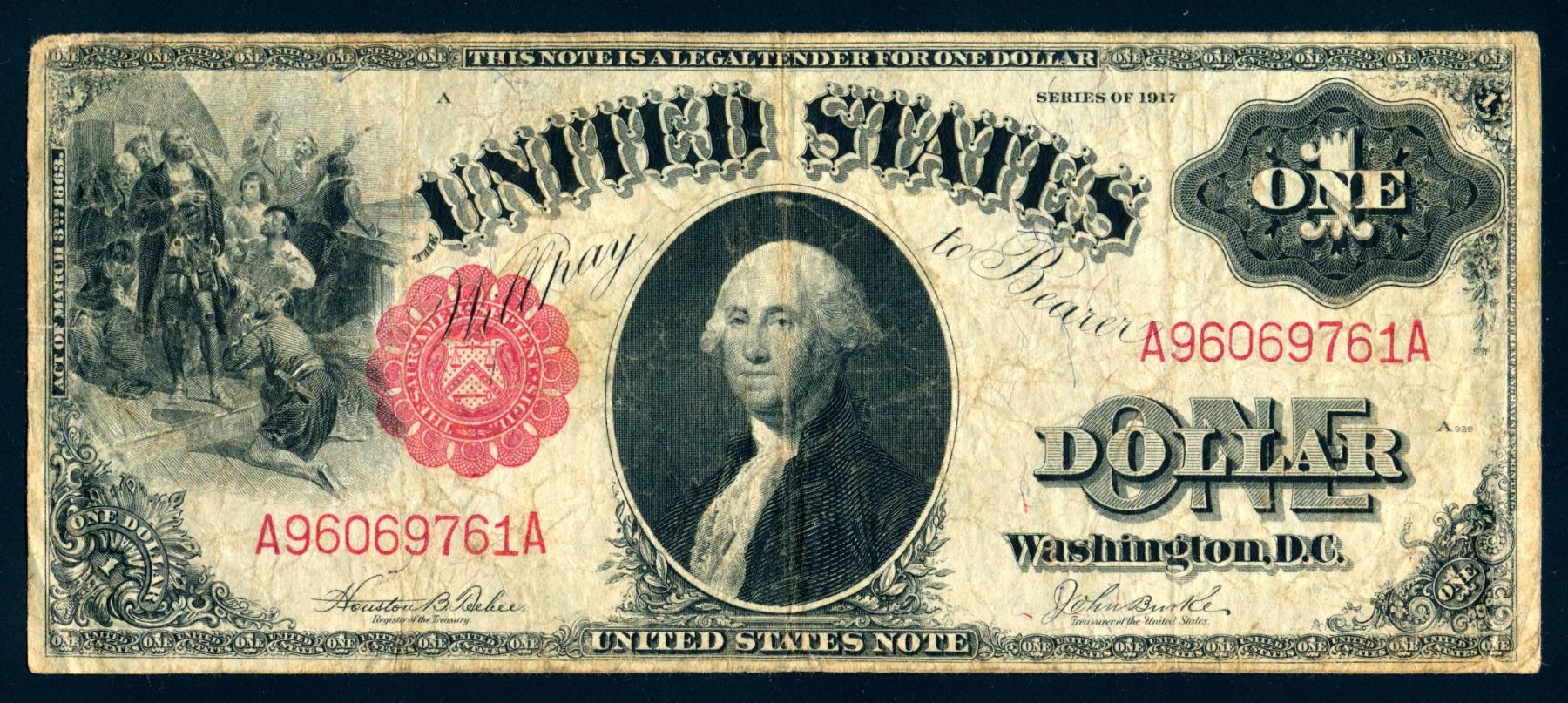 USA $1.00 1917 KL# 23 Fr# 36 Red Seal Banknote Fine