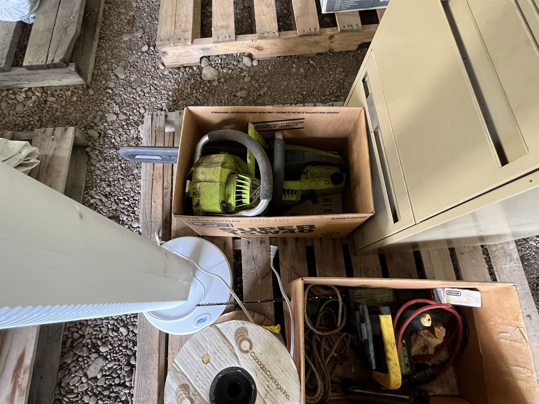 Filing Cabinet, Fan, Rope, Chainsaws