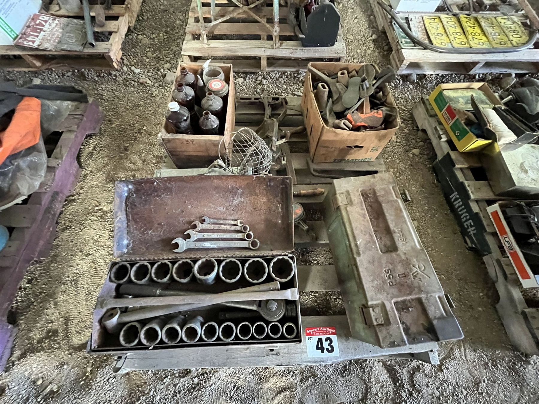 3/4" Socket Set, Army Shell Box, Shoe Repair, Bottles