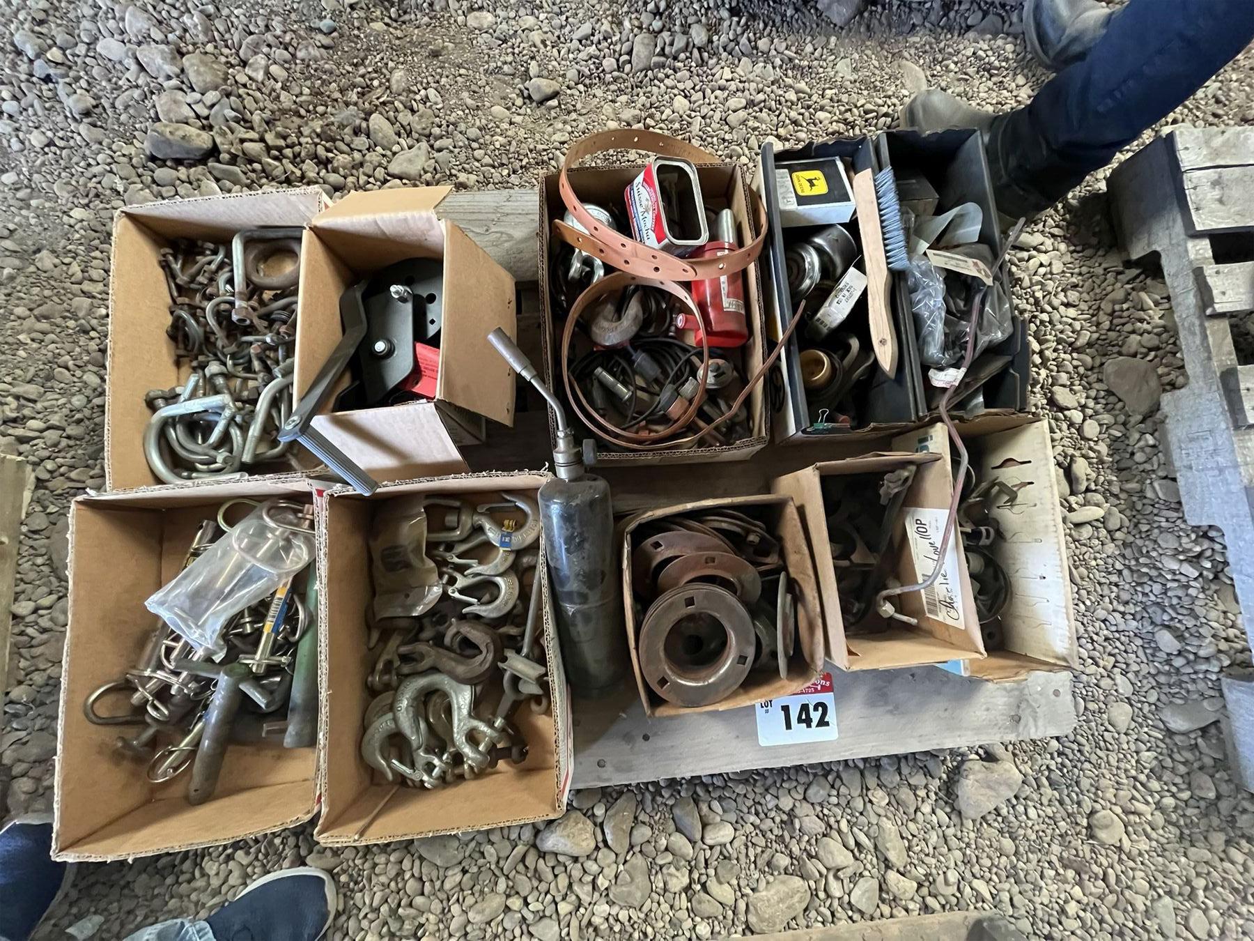 Pallet of Misc Chain Hooks, Hitch Pins, Winch