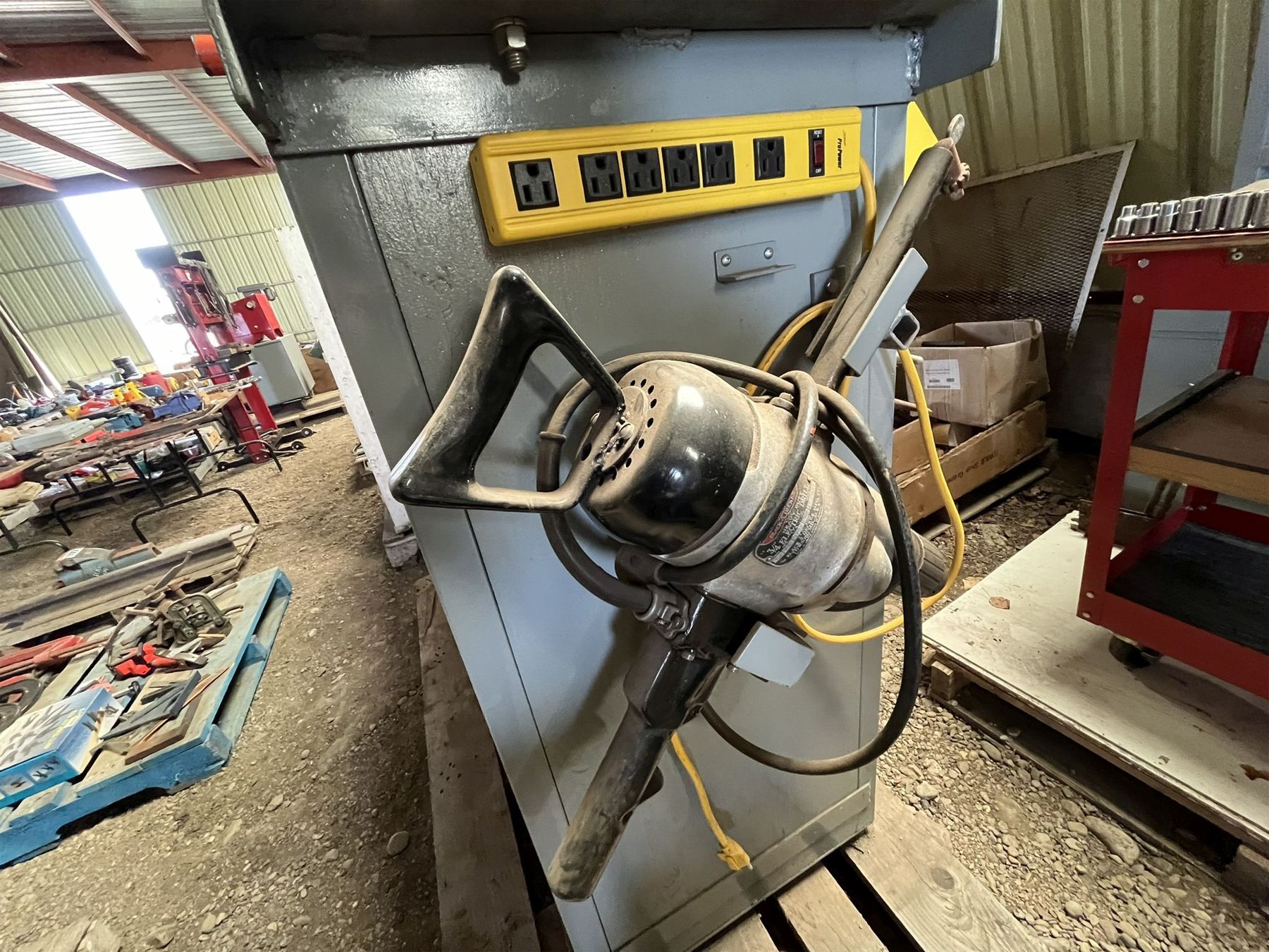Metal Cabinet, Various Puller Sets, Pipe Bender, Clamp Vice Press, 3/4 HD Electric Drill